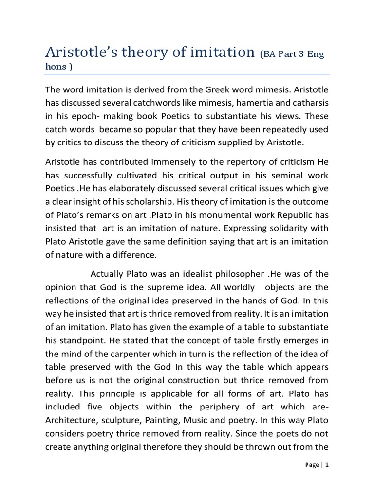 Aristotle's Theory of Imitation: (BA Part 3 Eng Hons) | PDF | Plato ...