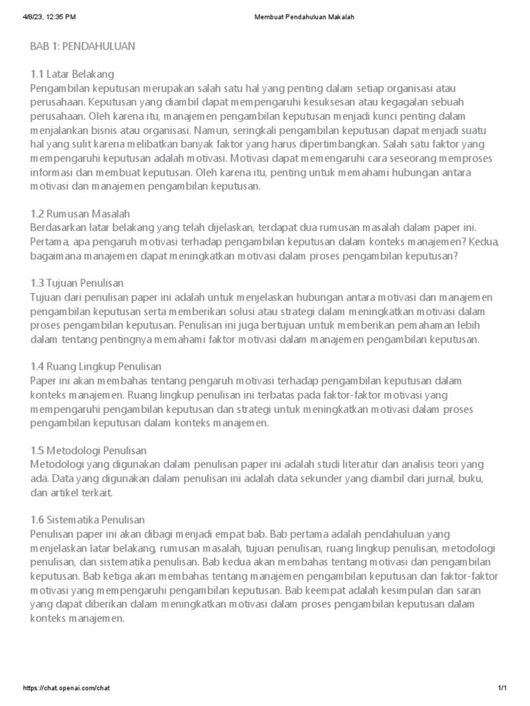Contoh Bab 1 Pendahuluan Paper Motivasi Dan Manajemen Pengambilan ...