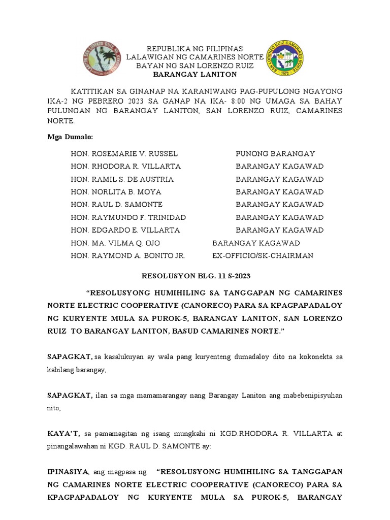 Res. No 11-2023 Pagpapadaloy NG Kuryente From Laniton SLR To Laniton ...