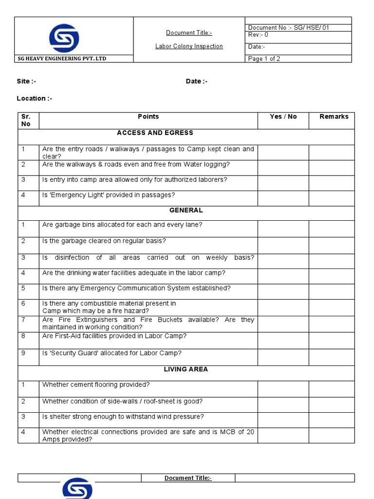 Labor Colony Inspection Checklist | PDF | Public Health | Hygiene