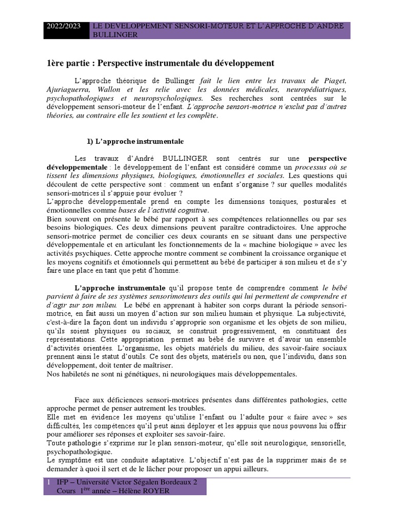 Développement sensori-moteur selon Bullinger | PDF | Psychologie du ...