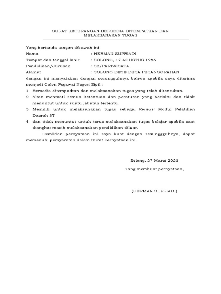 Surat Pernyataan Bersedia Melaksanakan Tugas | PDF Surat Pernyataan Bersedia Melaksanakan Tugas | PDF