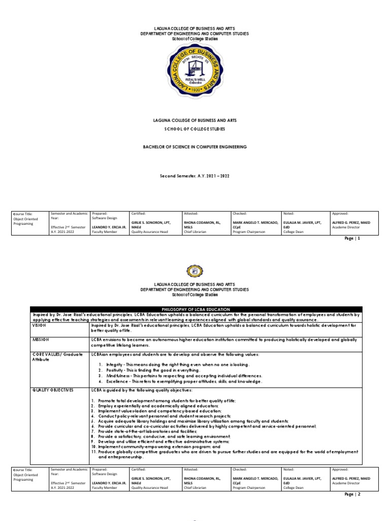 Cpe 103l (Object Oriented Programming) Course Plan | PDF | Engineering ... Cpe 103l (Object Oriented Programming) Course Plan | PDF | Engineering ...