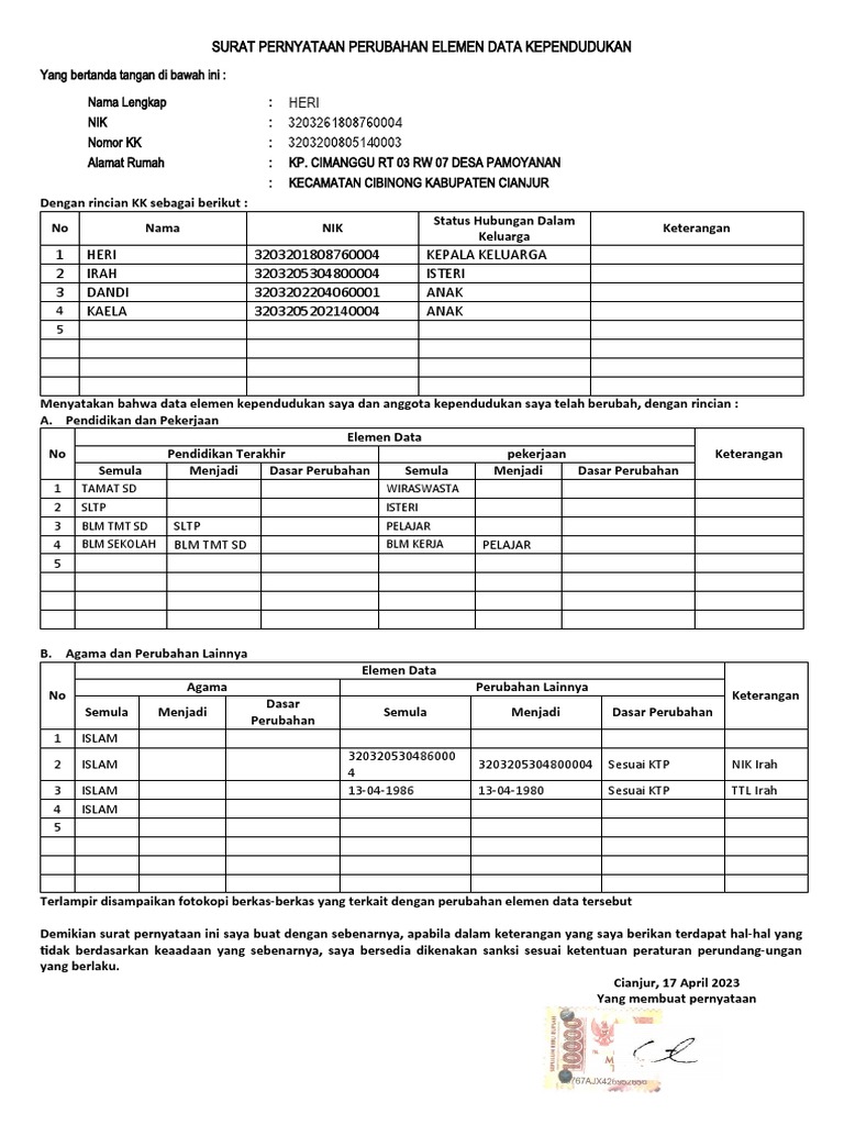 F1 06 Surat Pernyataan Perubahan Elemen Data Kependudukan | PDF