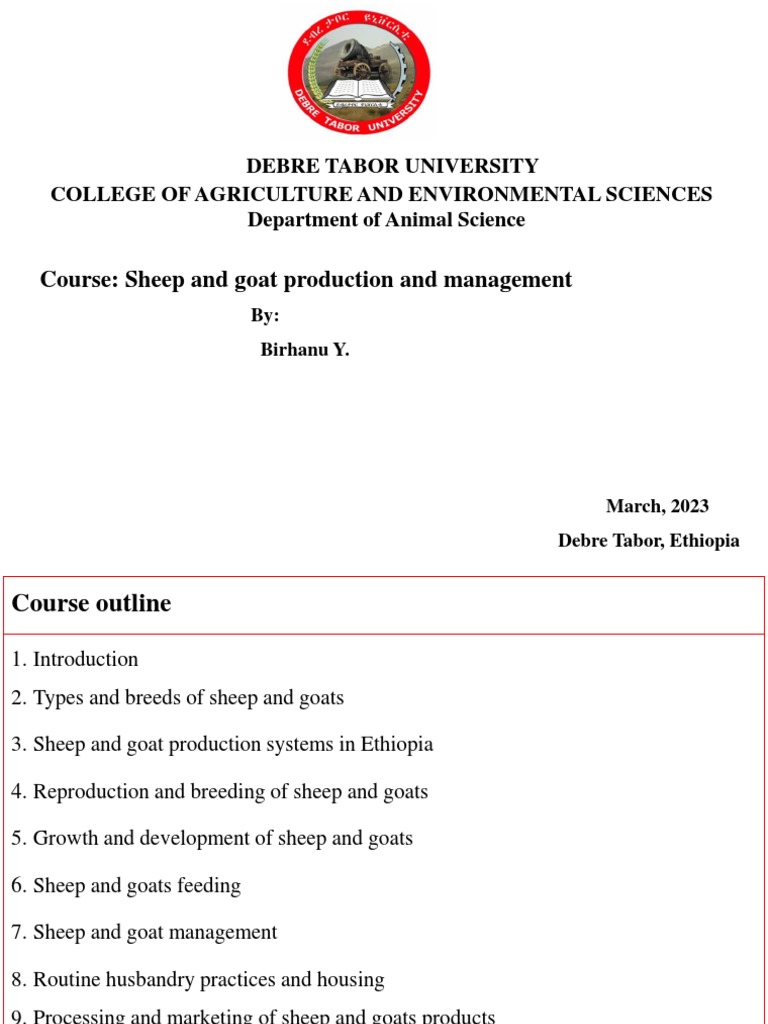 Debre Tabor University College of Agriculture and Environmental Sciences Department of Animal ...