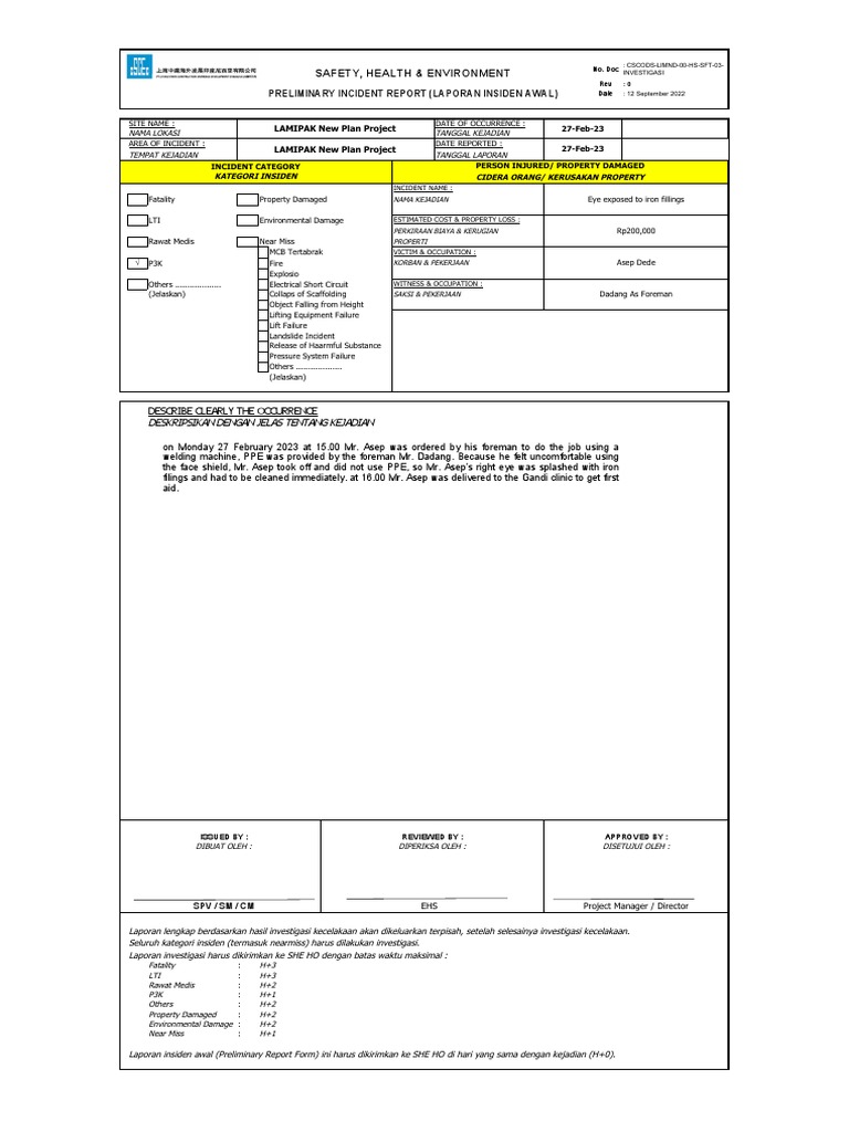 Form Preliminary Incident Report CSCODS | PDF | Occupational Safety And ...