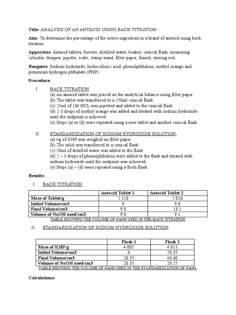 Antacid Active Ingredient Analysis | PDF | Titration | Chemistry