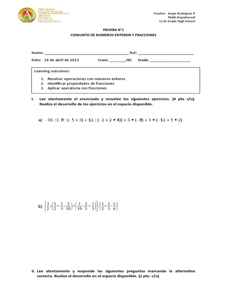 Prueba N 1 Numeros Enteros Y Racionales Pdf Matemática Elemental