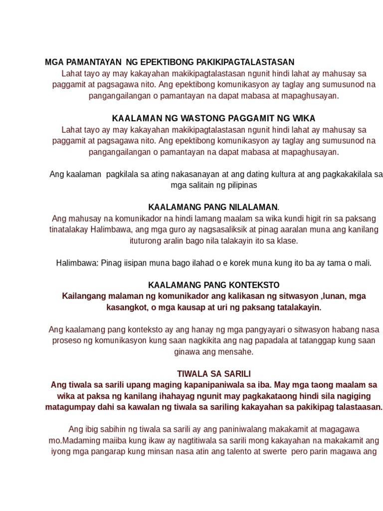 Mga Pamantayan NG NG Epektibong Pakikipagtalastasan | PDF