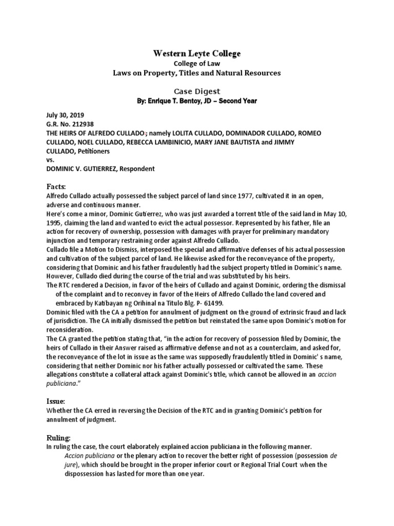 1heirs of Alfredo Cullado vs. Guitierrez Digest2 | PDF | Legal Procedure | Lawsuit