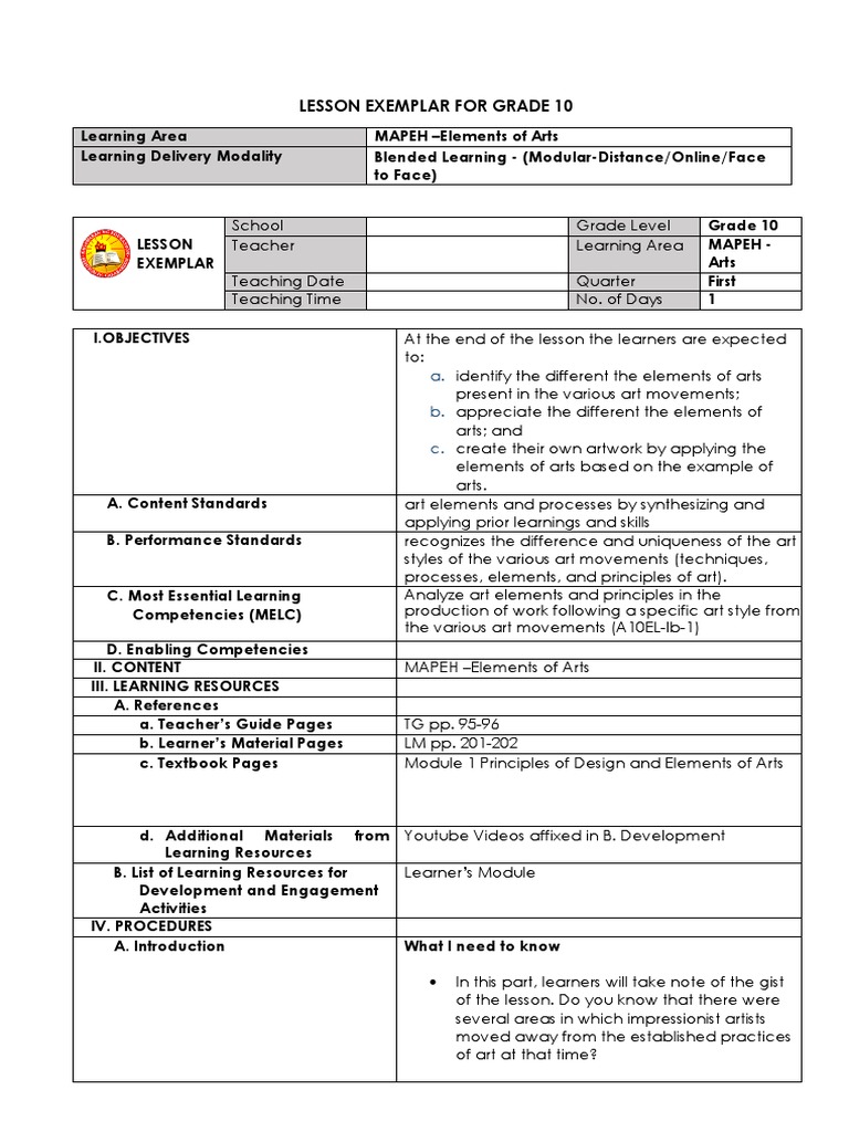 Lesson Exemplar For Grade 10 Elements of Arts | PDF | Learning | Cognition