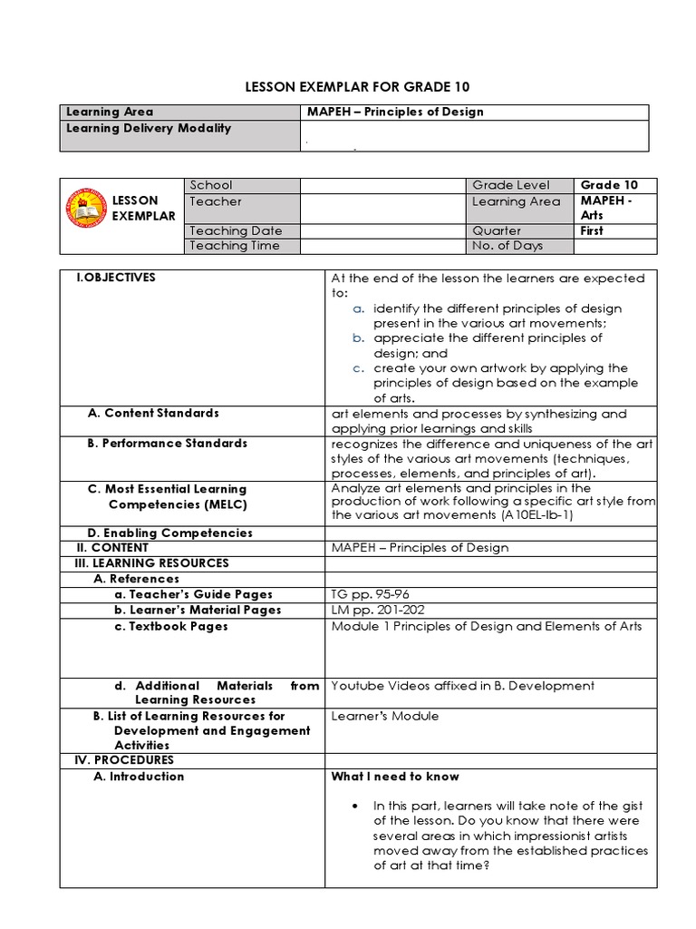Grade 10 MAPEH Design Lesson Exemplar | PDF | Learning | Cognition