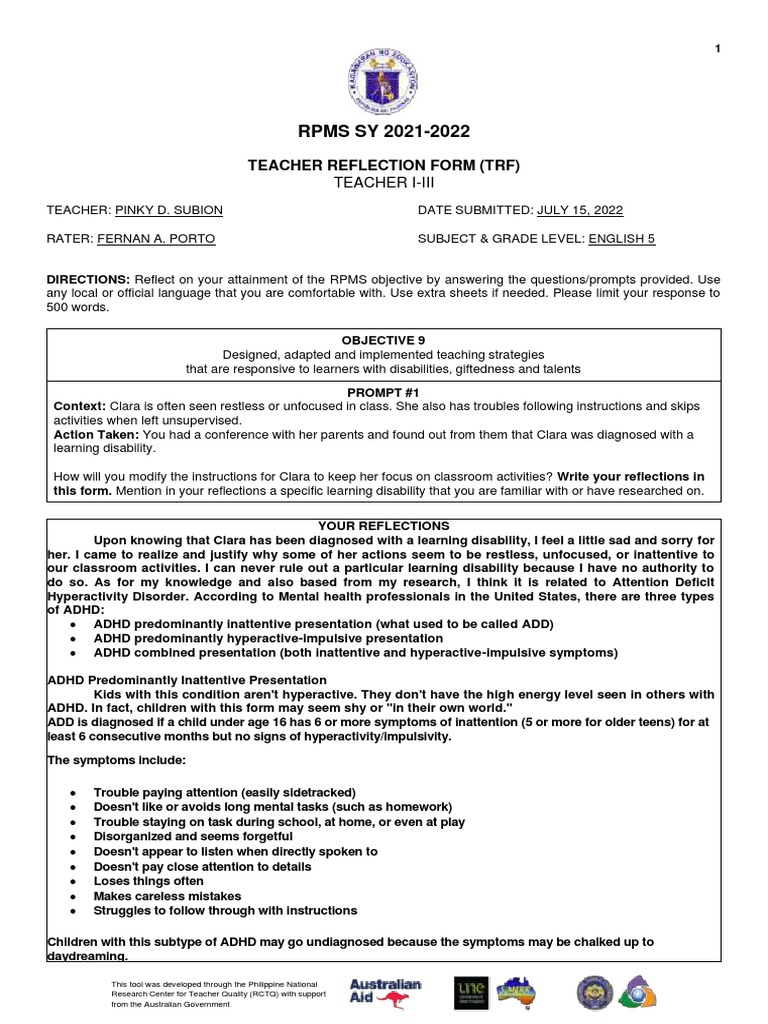 Appendix 4A Teacher Reflection Form For T I III For RPMS SY 2021 2022 ...