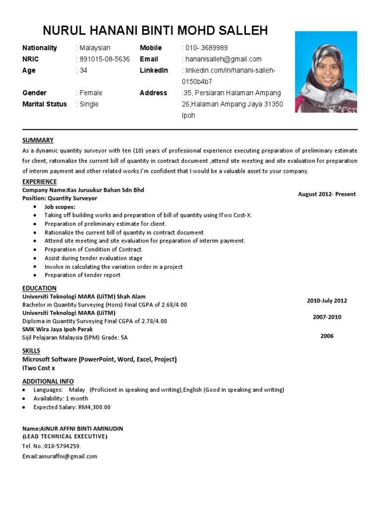 2023 Nurul Hanani Mohd Salleh Resume | PDF | Malaysia