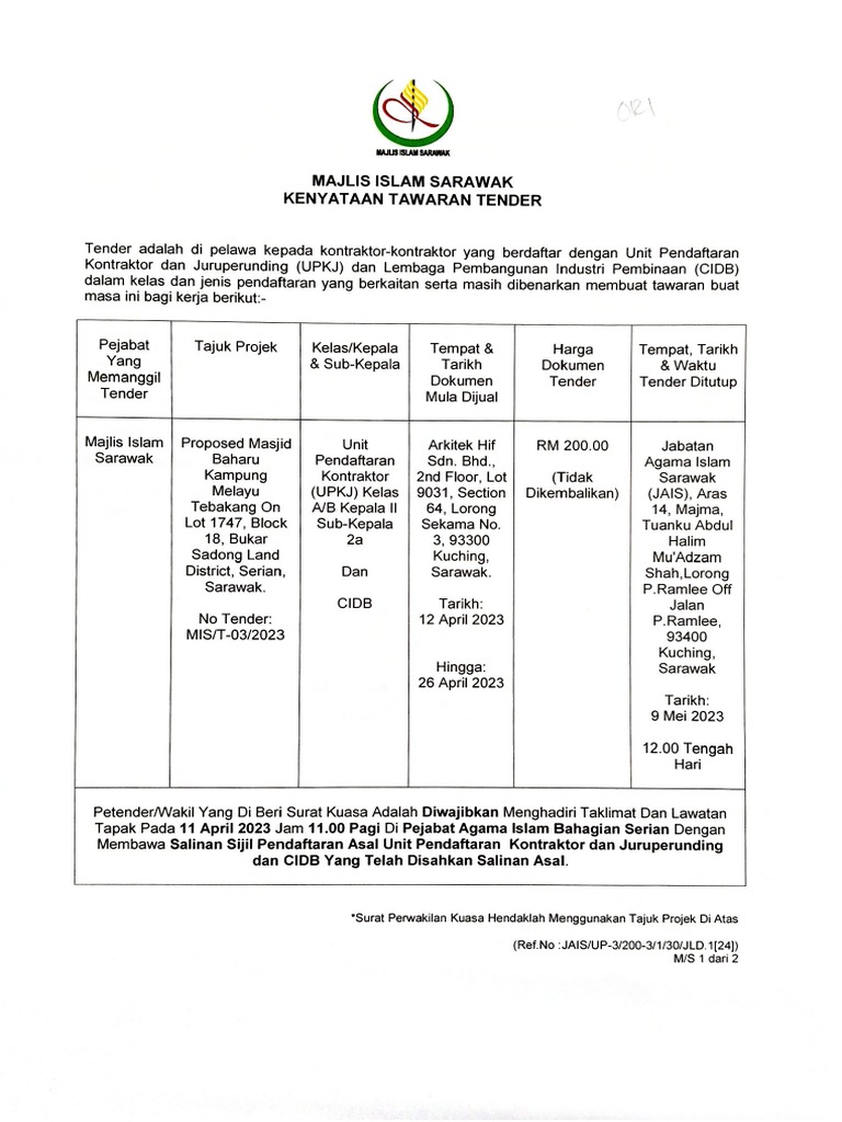 Iklan Tender Masjid Tebakang | PDF