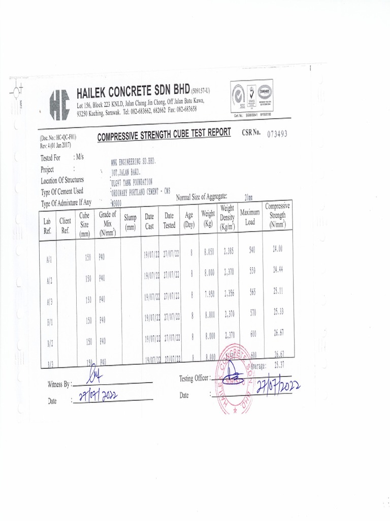 Cube Test Report For ULG97 Tank Foundation of 7 Days | PDF