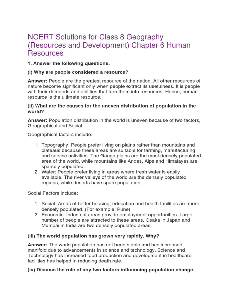 NCERT Solutions For Class 8 Geography | PDF | Birth Rate | Population