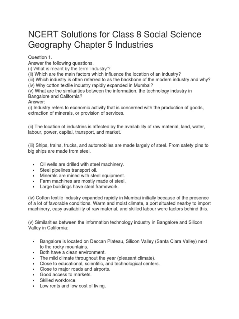 NCERT Solutions For Class 8 Social Science Geography Chapter 5 Industries | PDF | Cost Of Living ...
