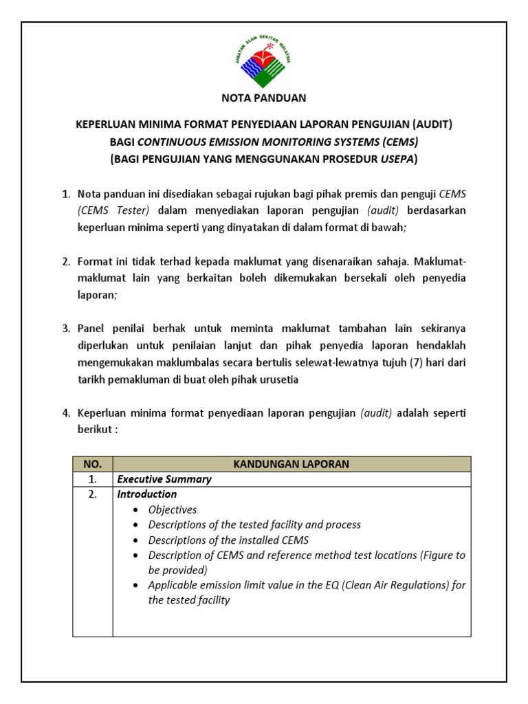 Keperluan Format Minima Bagi Laporan Pengujian Audit Cems Pems | PDF