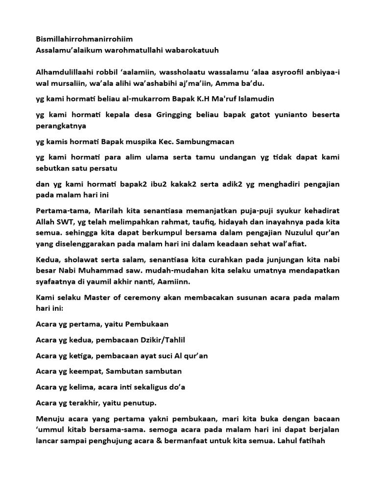 Teks MC Pengajian Nuzulul Qur'An | PDF