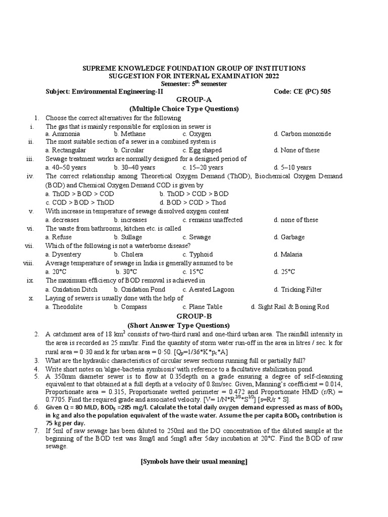 CA3 - Suggestion - Environmental Engineering-II (CE (PC) 505) - 2022 | PDF | Sewage Treatment ...