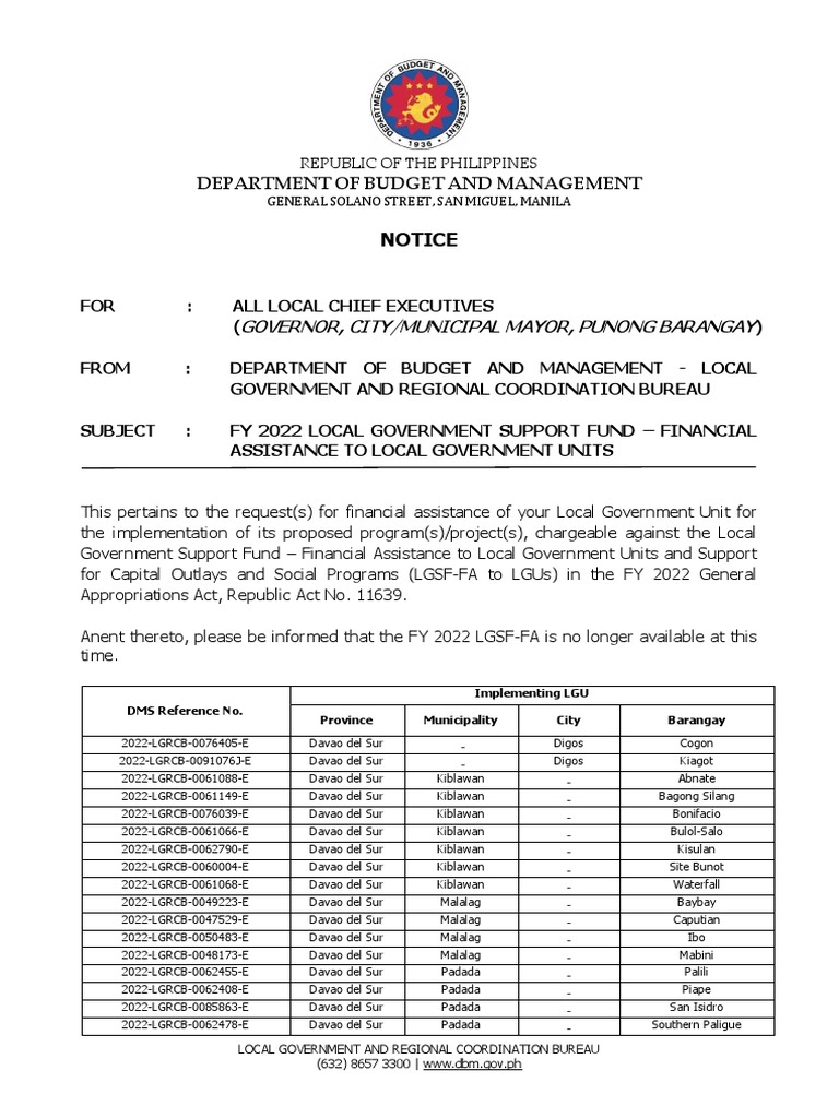 LGSF Notice To LGUs | PDF | Government | Public Administration