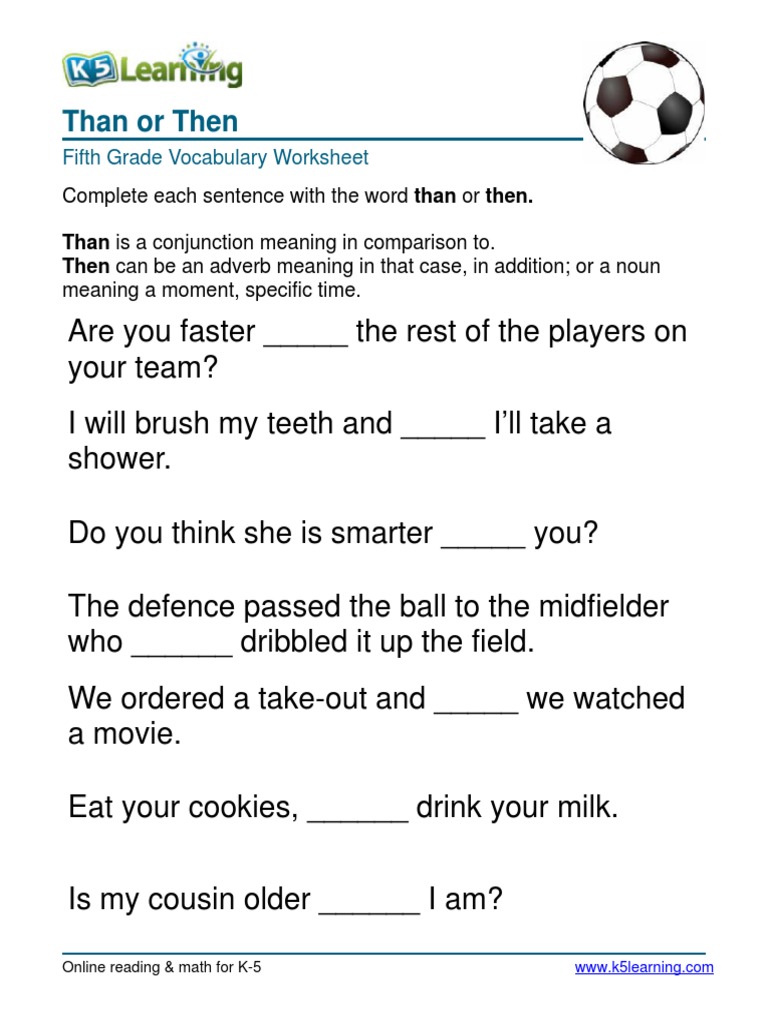 Than vs. Then Worksheet for Grade 5 | PDF