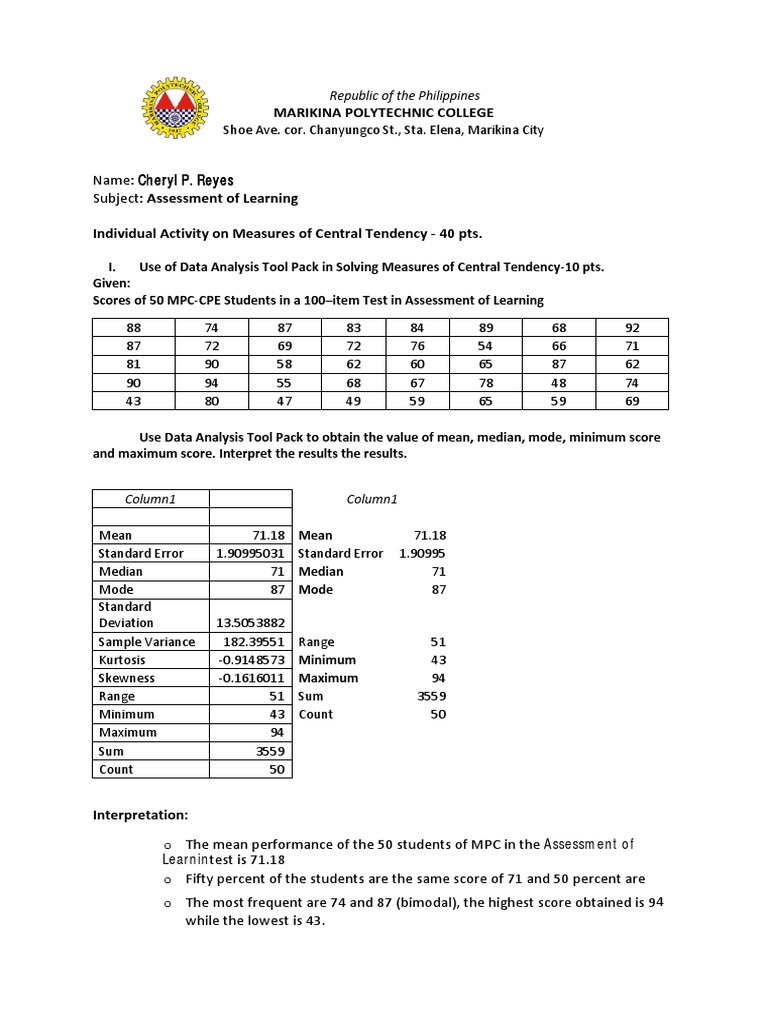 Cheryl reyes-ACTIVITY | PDF | Mean | Mode (Statistics)