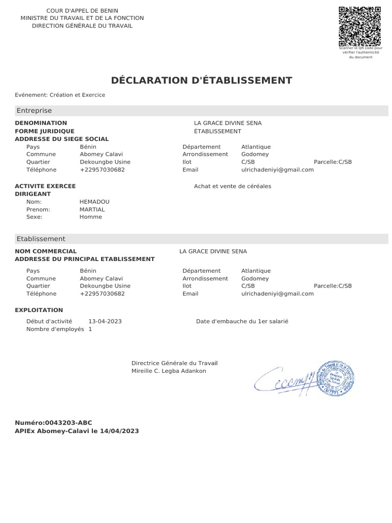 Déclaration D'Établissement: Entreprise | PDF