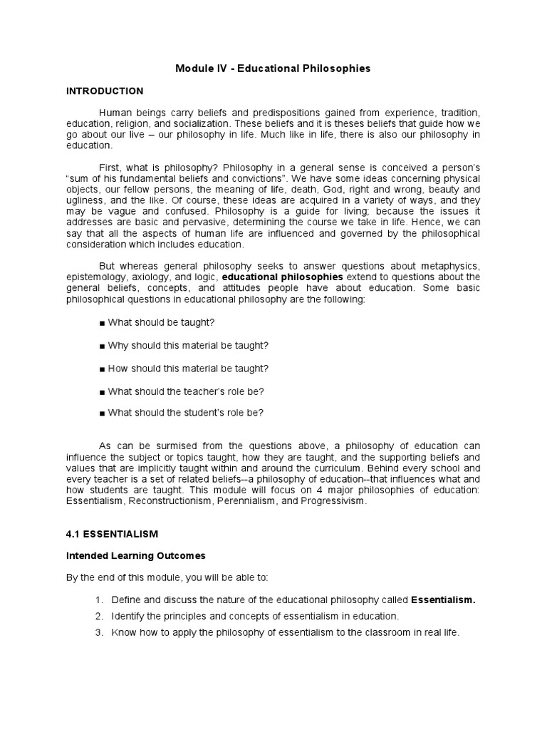 Module IV. EDUCATIONAL PHILOSOPHIES REVISED 2 1 | PDF | Philosophy Of Education | Teachers