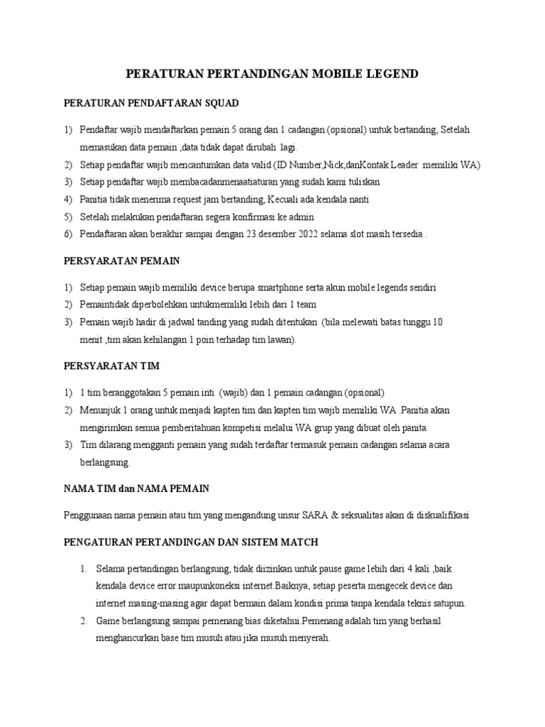 Peraturan Pertandingan Mobile Legend | PDF | Olahraga & Rekreasi