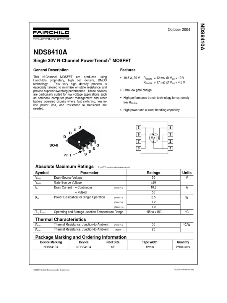 Onsemiconductor Nds8410a Datasheets 3577 | PDF | Mosfet | Field Effect ...