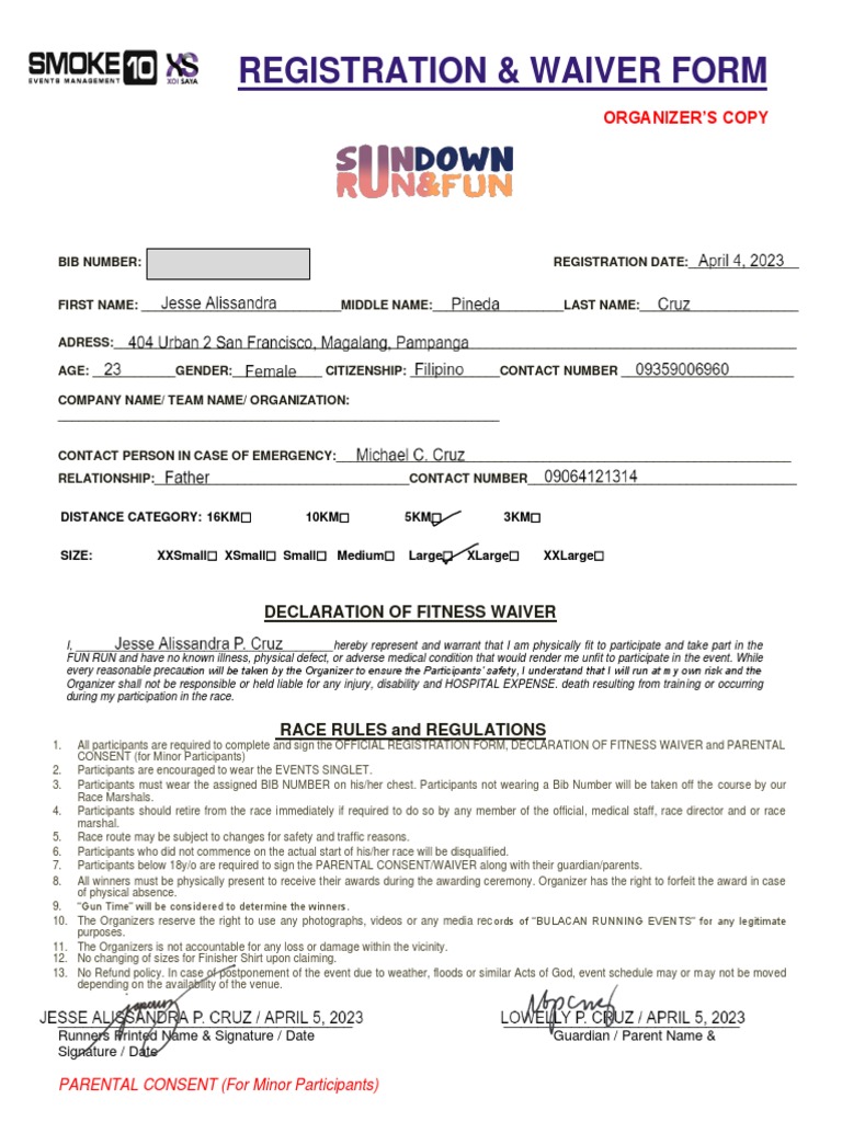Registration & Waiver Form: Organizer'S | PDF | Consent | Justice