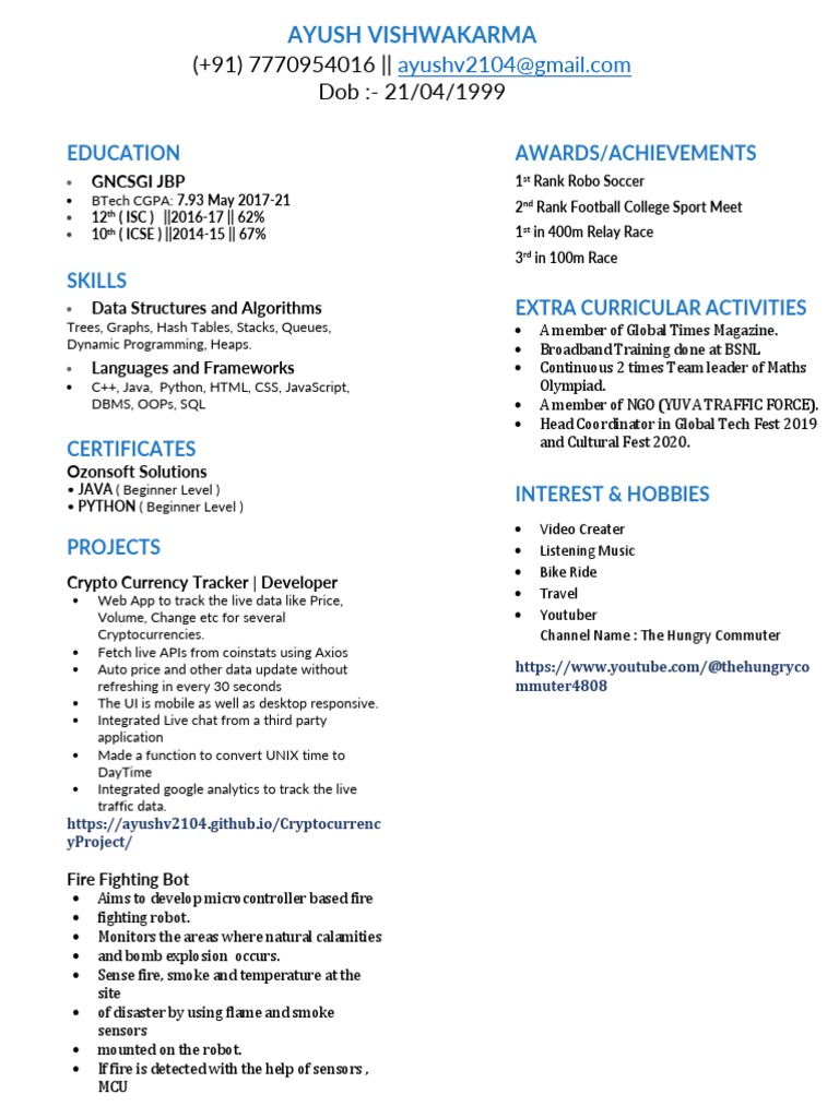 Ayush Vishwakarma Resume1111 Pdf Information Technology Management Software Development 