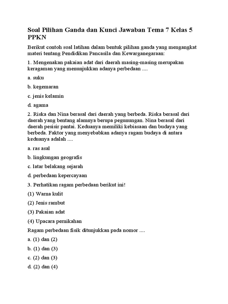 Soal Pilihan Ganda Dan Kunci Jawaban Tema 7 Kelas 5 PPKN | PDF | Kajian Bahasa Asing