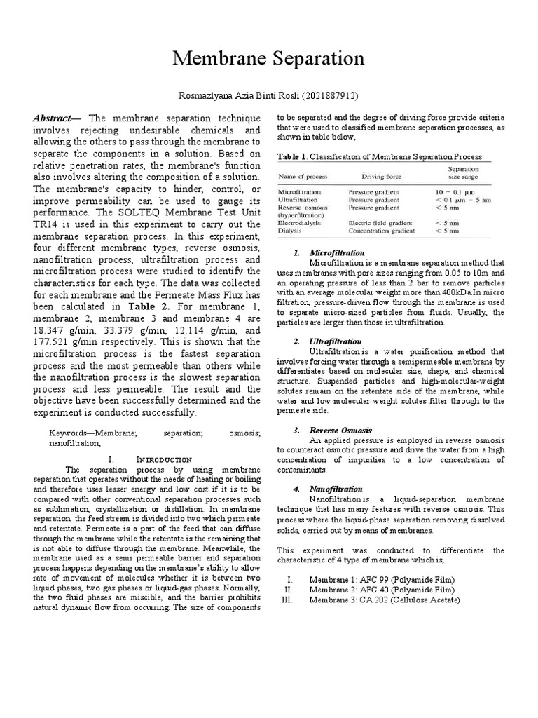 Abstract - The Membrane Separation Technique | PDF | Membrane ...