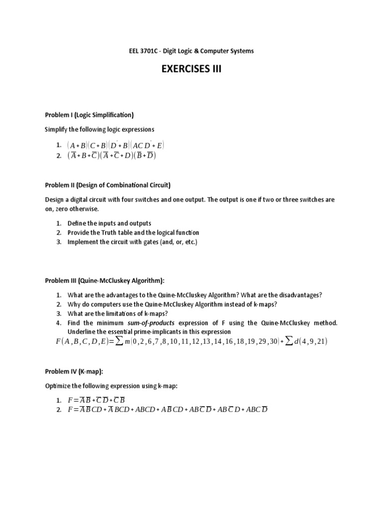 Logic Simplification & Circuit Design Exercises | PDF