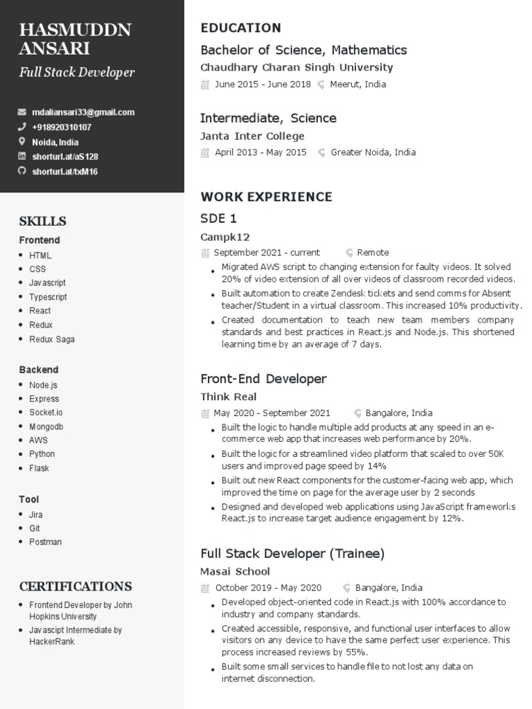 Hasmuddin Resume | PDF | Java Script | World Wide Web