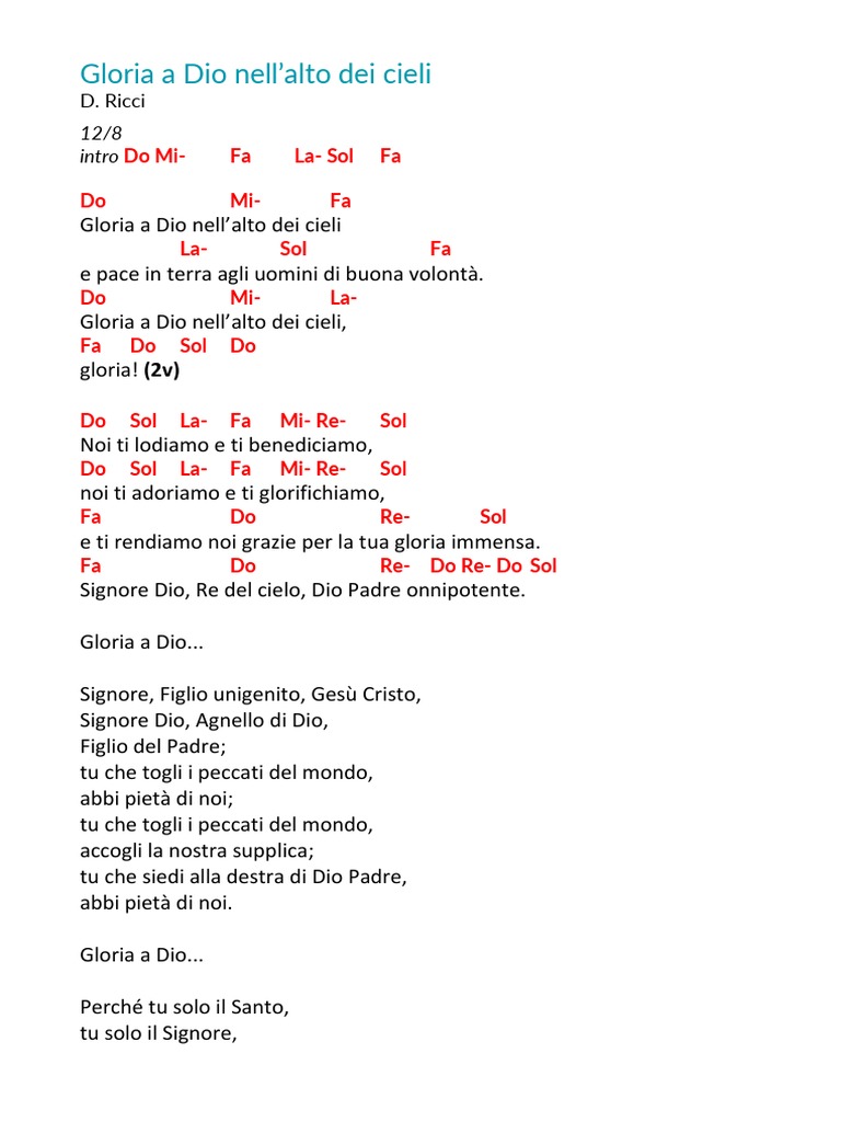 Gloria A Dio Nell'alto Dei Cieli: Do Mi-Fa La - Sol Fa Do Mi - Fa La - Sol Fa Do Mi - La - Fa Do ...