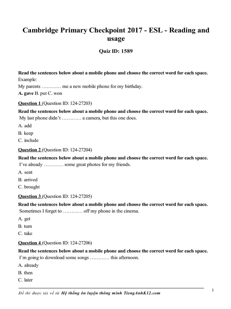 Quiz - 1589 - Cambridge Primary Checkpoint 2017 - Esl - Reading and ...