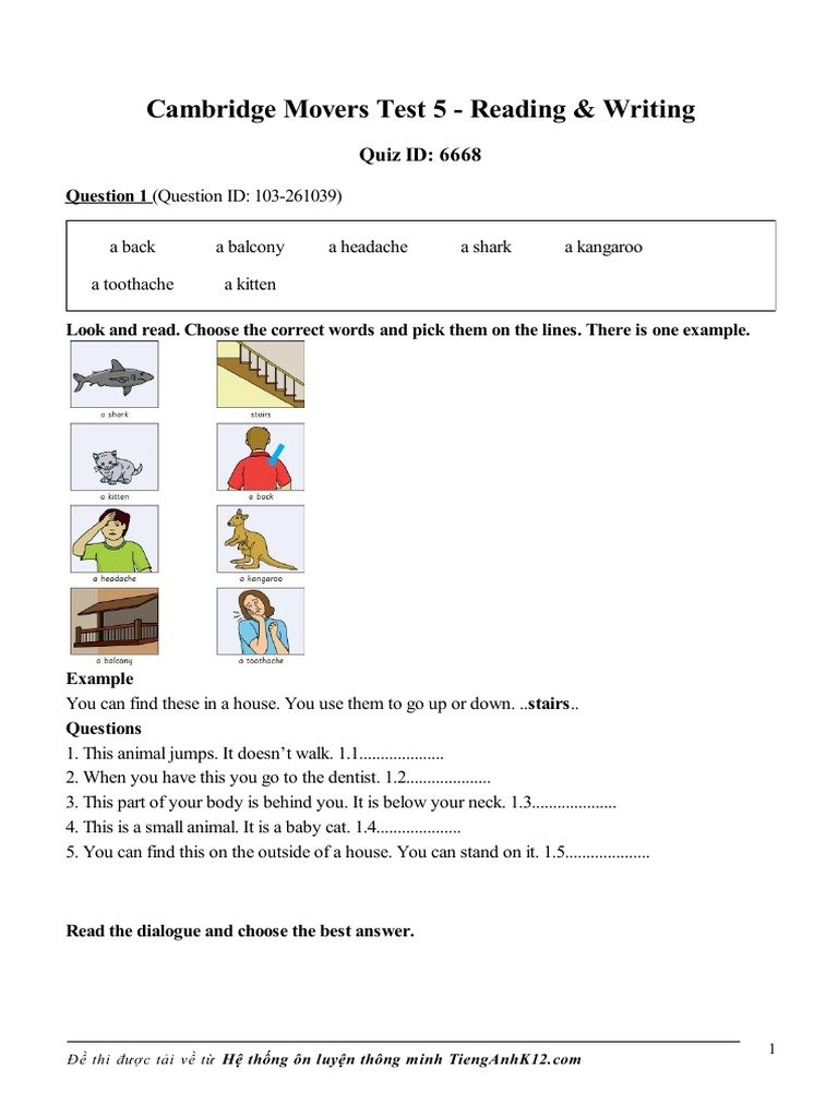 Quiz - 6668 - Cambridge Movers Test 5 - Reading Writing | PDF