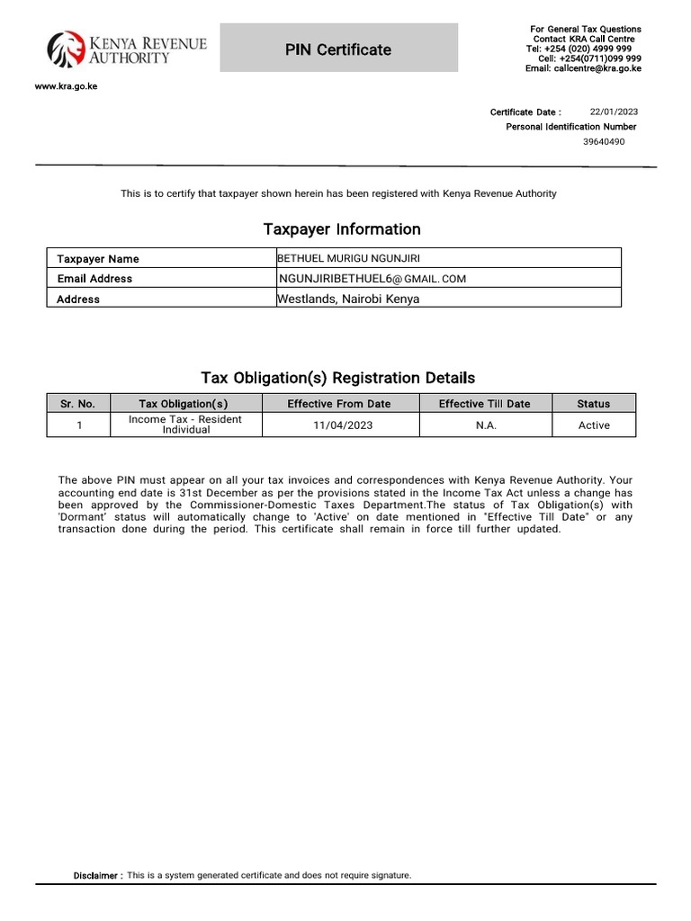 PIN Certificate: This Is To Certify That Taxpayer Shown Herein Has Been Registered With Kenya ...