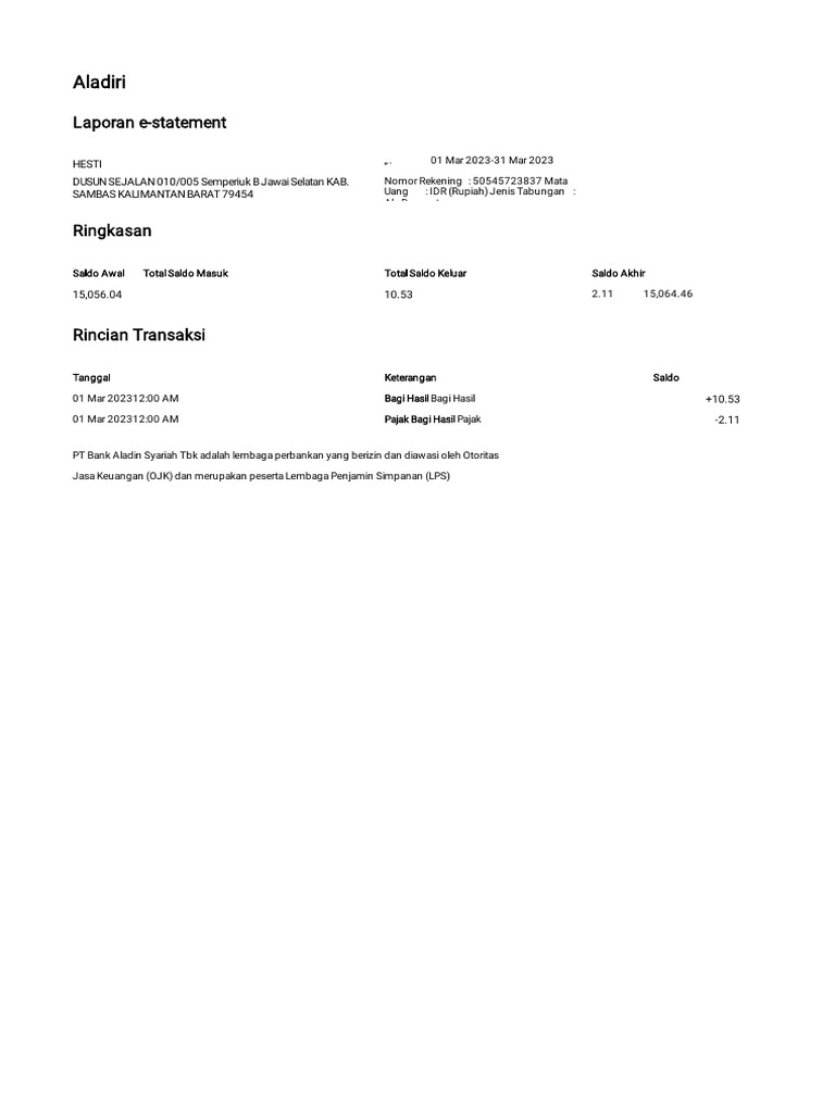 Aladin Estatement 3 2023 | PDF