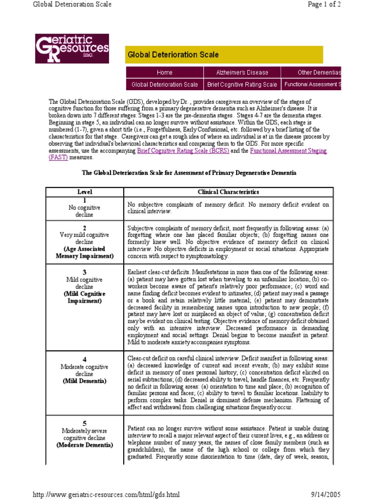 Global Deterioration Scale Overview | PDF | Dementia | Memory