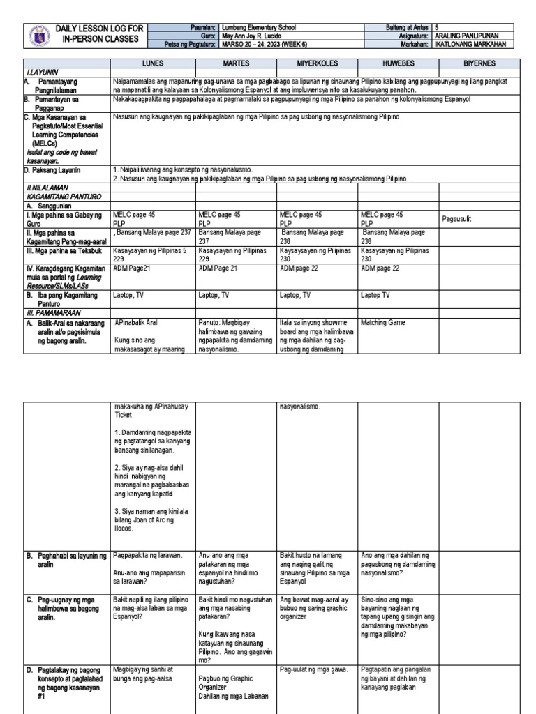 Daily Lesson Log For In-Person Classes | PDF