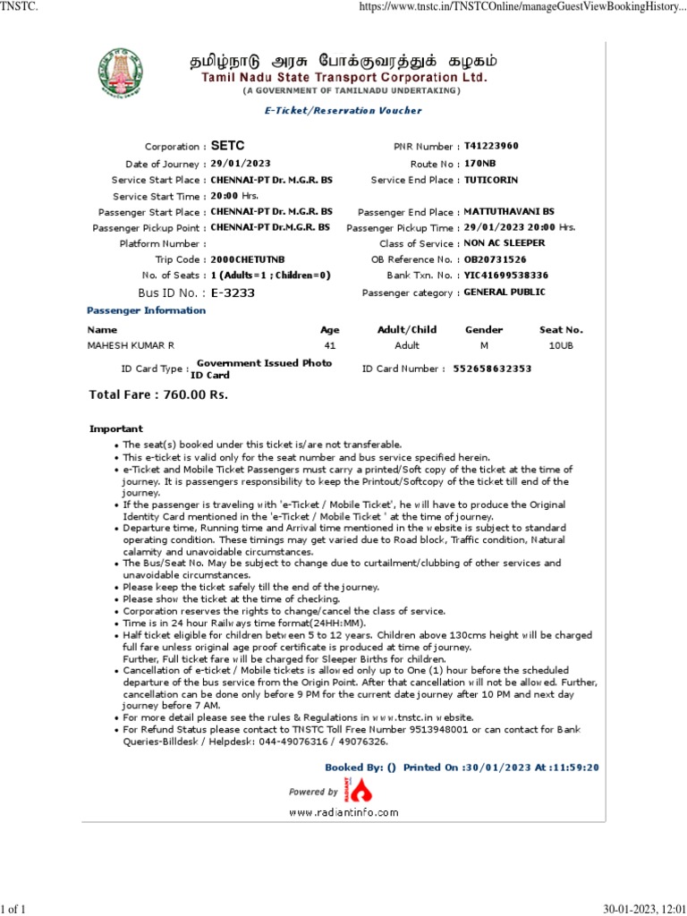 E-ticket confirmation for travel from Chennai to Tuticorin on SETC ...