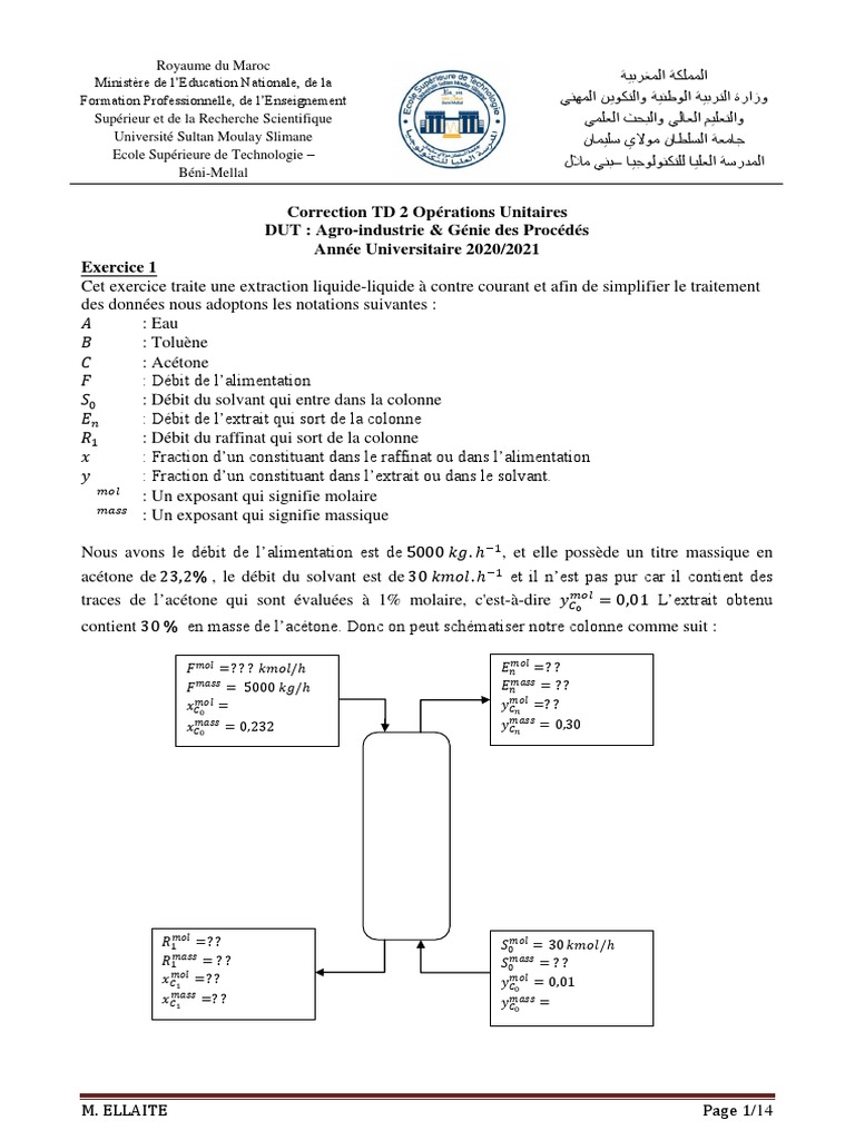 Correction TD2 Opérations Unitaires (EST) 2020-2021 | PDF | Équilibre chimique | Sciences physiques