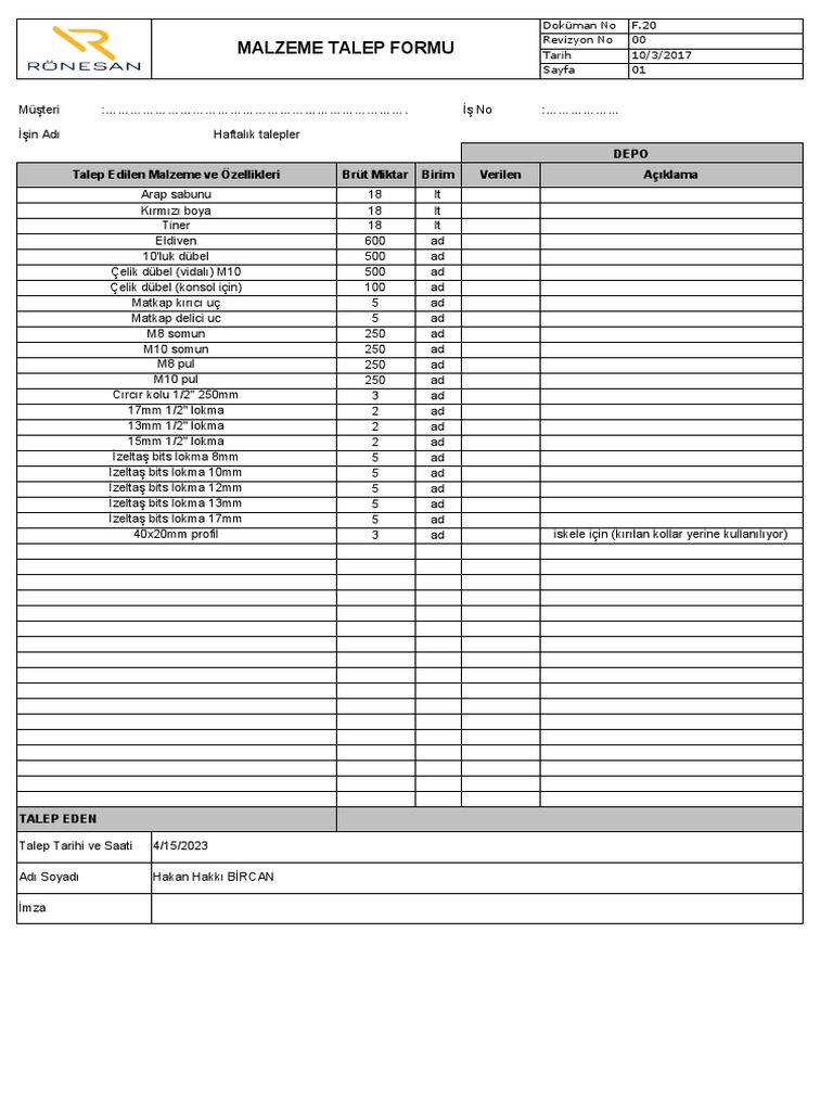 Malzeme Talep Formu: Depo Talep Edilen Malzeme Ve Özellikleri Brüt ...