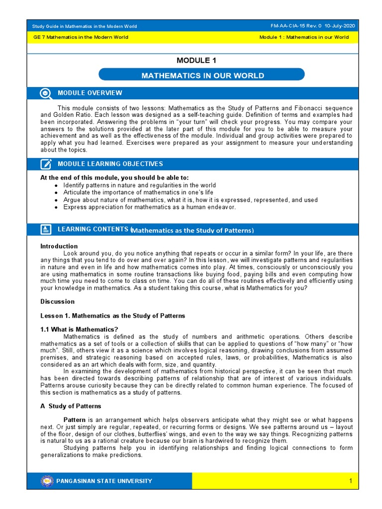 GE-7-MMW-Module-1-Mathematics in Our World-MIDTERM | PDF | Area | Pattern