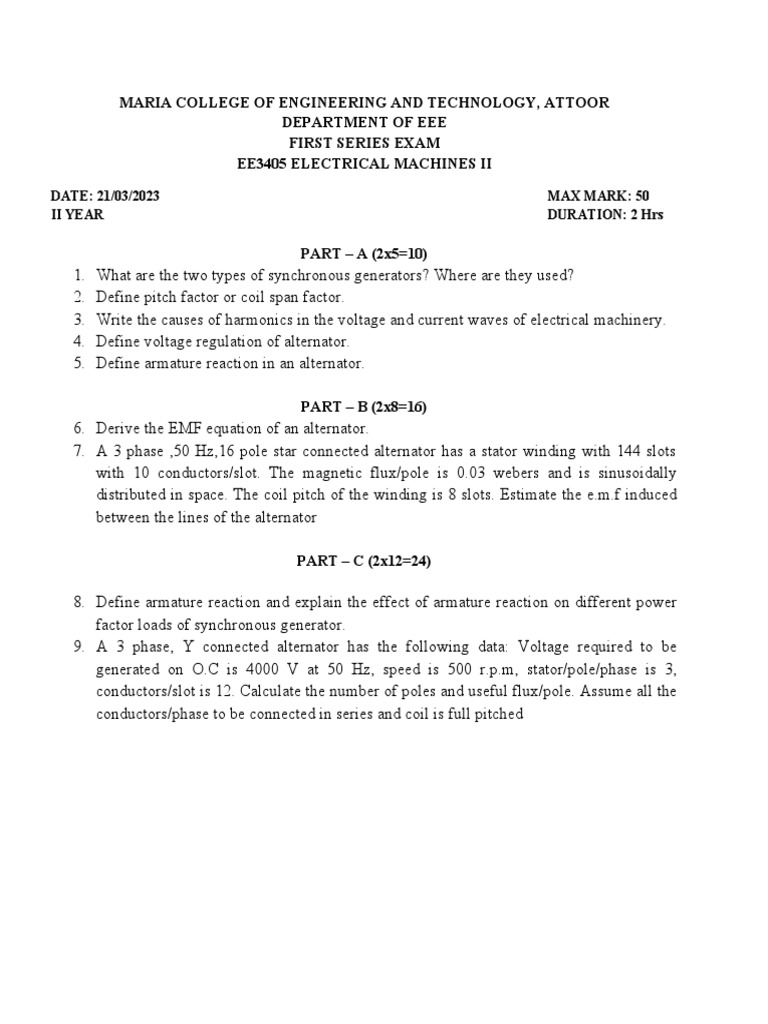 EE3405 Electrical Machines II Exam Paper | PDF